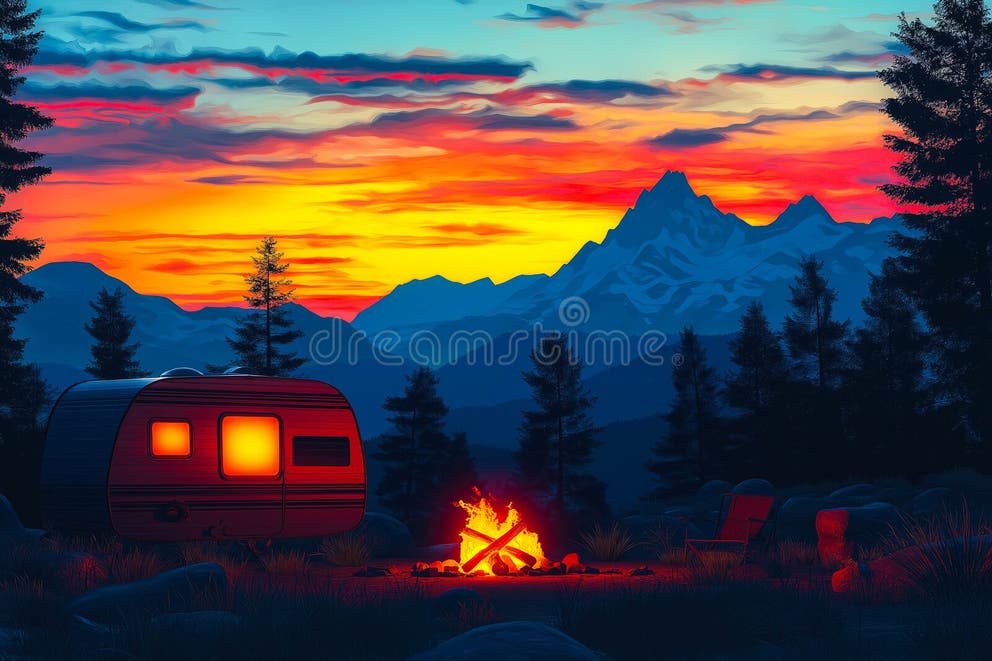 Silhouetted Camper Around the Fire with Mountains Behind Stock ...