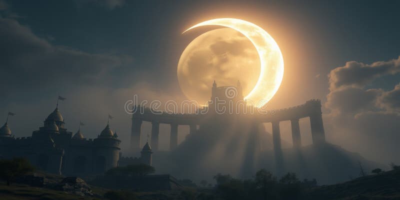 Silhouetted Castle Under a Crescent Moon Stock Illustration ...
