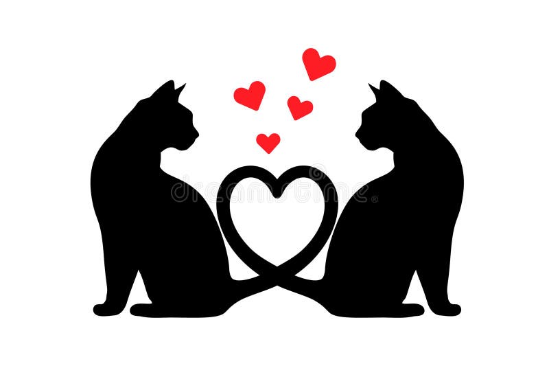 Silhouetted Cats Forming a Heart Shape with Floating Hearts in a ...
