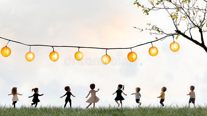 Silhouetted Children Dancing Joyfully Under String Lights at Sunset ...