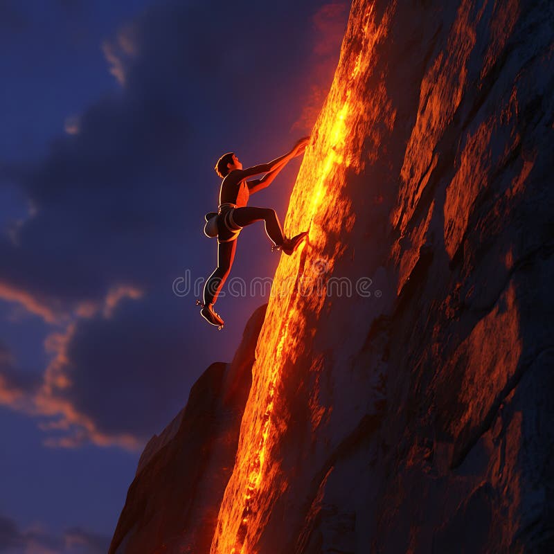 A Silhouetted Climber Ascends a Dramatically Lit Cliff Face Against the ...