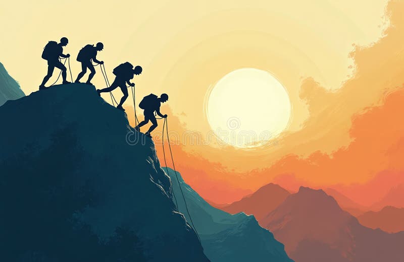 Silhouetted Climbers Ascend Mountain Peak Using Ropes for Support ...