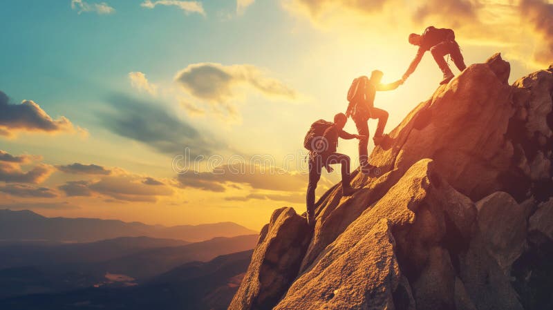Mountaineers Climbing a Peak at Sunset Stock Photo - Image of activity ...