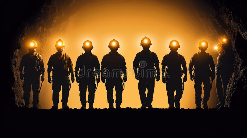 Silhouetted Coal Miners Entering Mine with Headlamps, Teamwork in ...