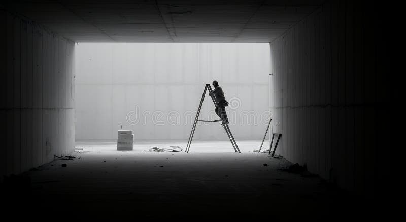 Silhouette of Construction Worker on Ladder in Dark Building Stock ...