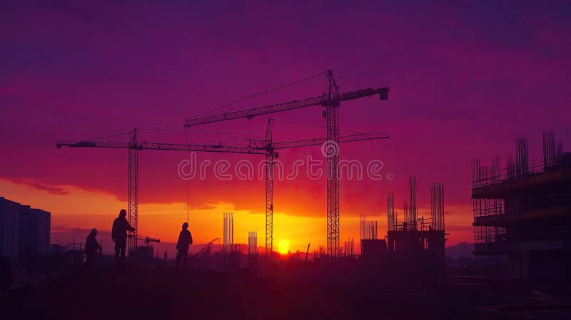 Silhouetted Construction Workers and Cranes Against Vibrant Sunset ...