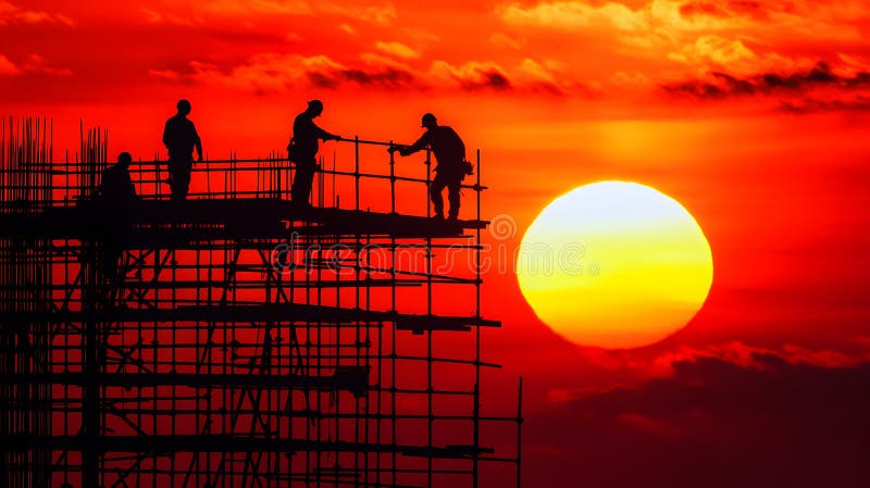 Silhouetted Construction Workers on Scaffolding Against a Fiery Sunset ...