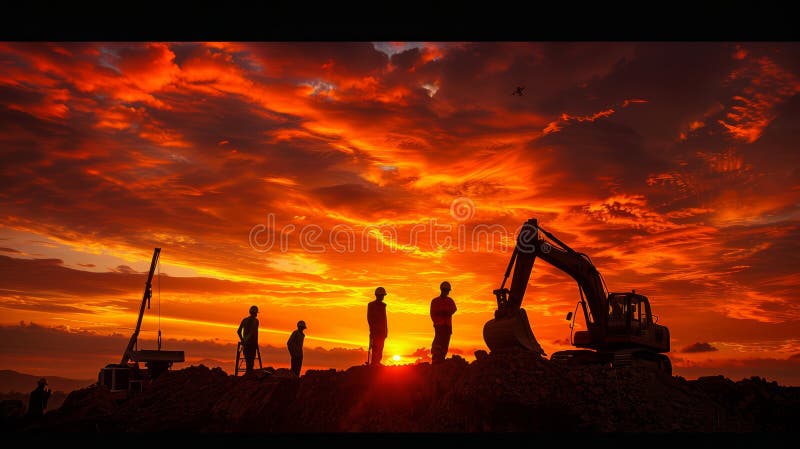 Silhouetted Construction Workers Stand Against a Fiery Sunset, with an ...