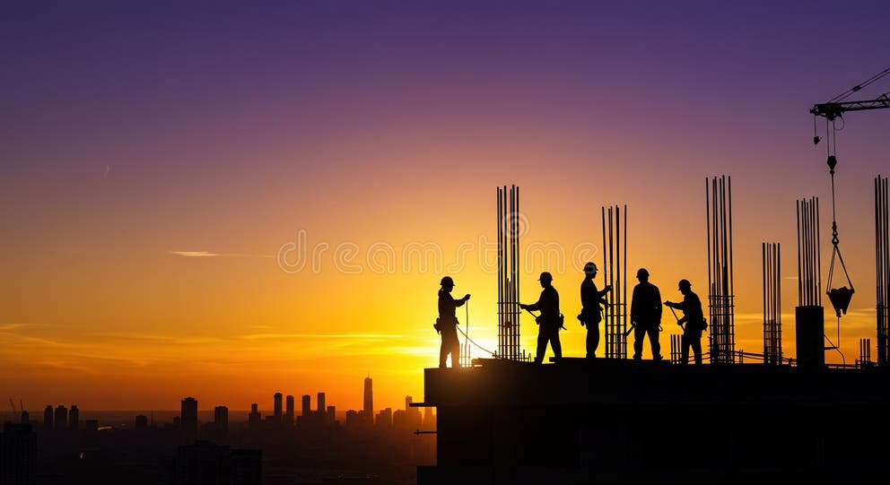 Silhouetted Construction Workers Stand on a Building Framework during Sunset. the Skyline in the ...