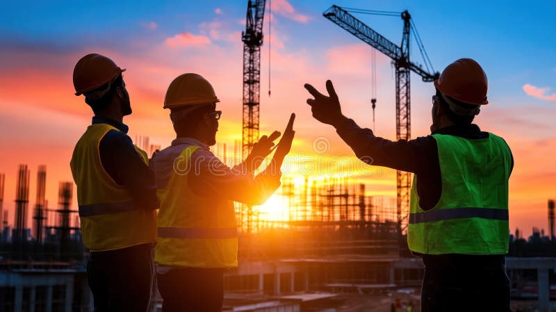 Silhouetted Construction Workers at Sunset, Discussing Blueprint Plans ...