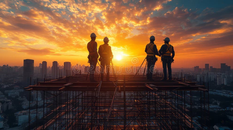 Silhouetted Construction Workers at Sunset, Showcasing Teamwork and ...
