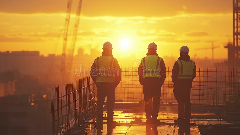 Silhouetted Construction Workers at Sunset Urban Teamwork in Cityscape ...