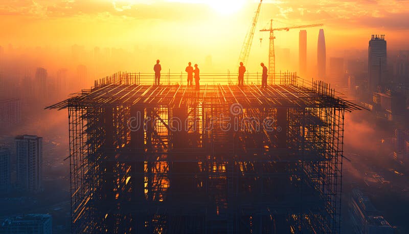 Silhouetted Construction Workers on Urban Skyscraper at Sunrise Stock ...