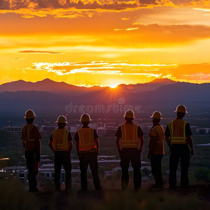 Silhouetted Construction Workers Watching Sunset Over Mountains Stock ...