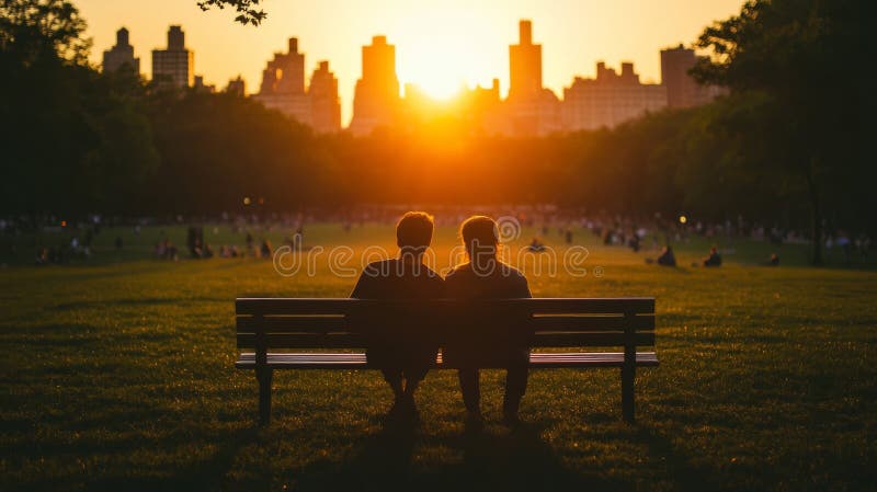 Silhouetted Couple on Bench Watching City Sunset Stock Illustration ...