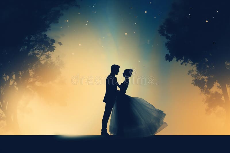 Silhouetted Couple Embracing Under a Starry Sky with Beams of Light ...