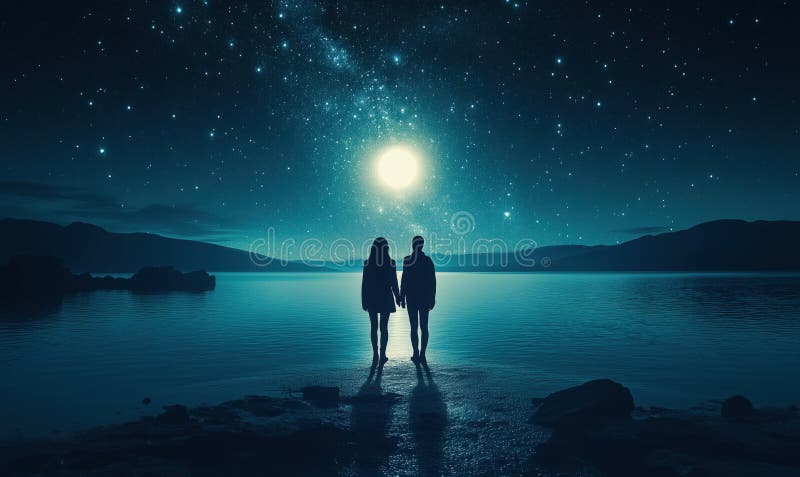 Silhouetted Couple Holding Hands Under Starry Night Sky and Bright ...