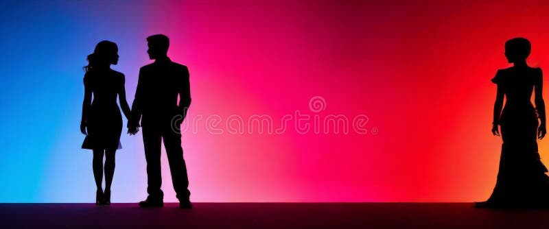 Silhouette of Couple Holding Hands with Third Person Watching Stock ...