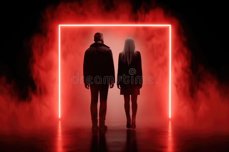 Silhouetted Couple Standing in Red Neon Light and Smoke Stock Image ...