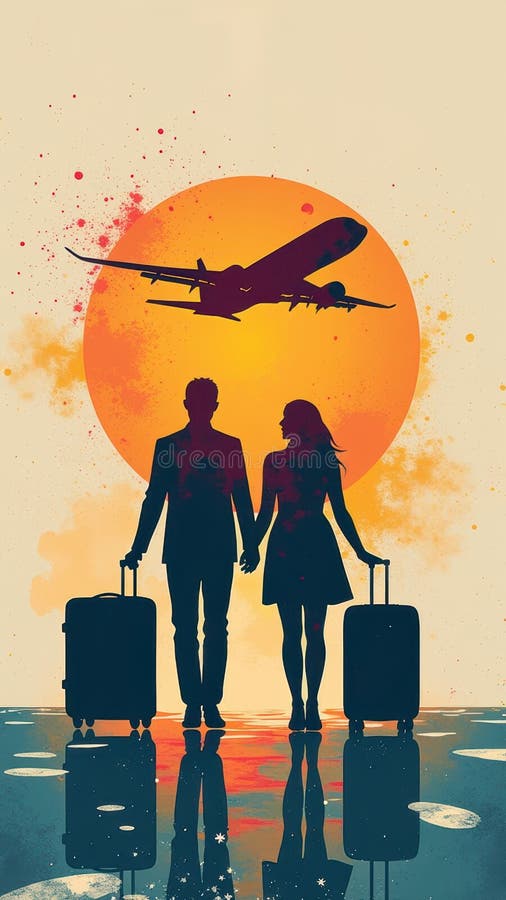 Silhouetted Couple Traveling at Sunset with Airplane and Luggage Stock ...
