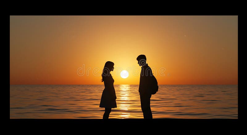 Silhouetted Couple Watching Sunset at Sea in Animated Style, Captured ...