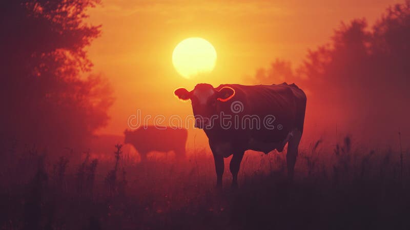 Silhouetted Cow Standing in a Field at Sunset Stock Illustration ...