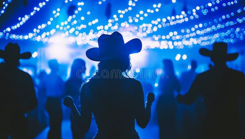Silhouetted Cowboy Dance Party Under Festive Blue String Lights Stock ...