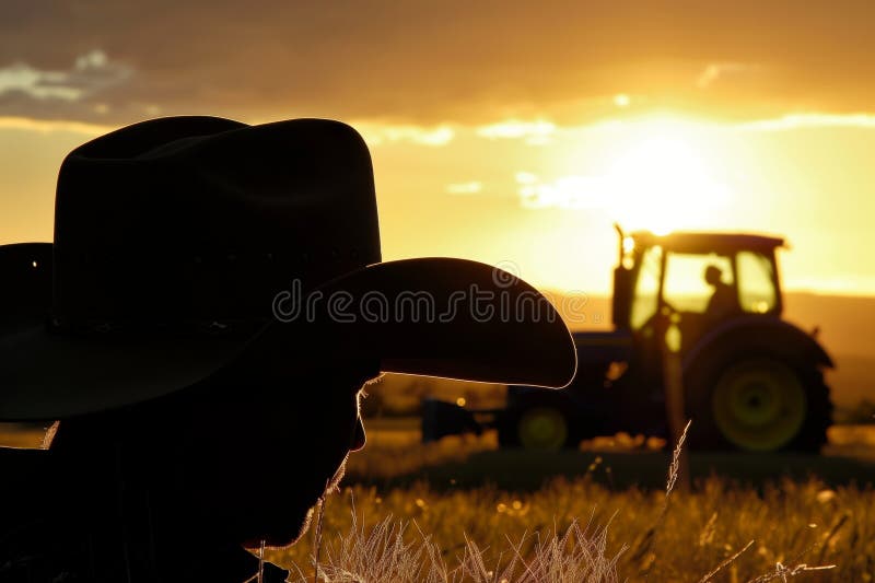 Silhouetted Cowboy Hat Against Sunset, Tractor in the Field Stock Image ...