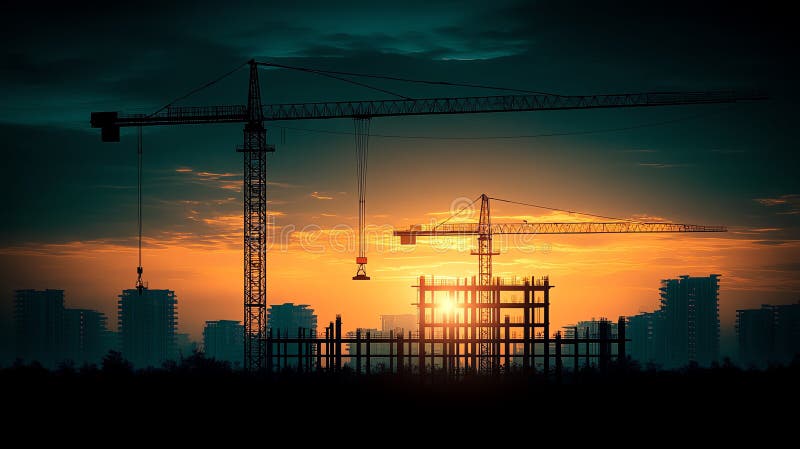 Silhouetted Cranes Against a Vibrant Sunset Over a Construction Site in ...