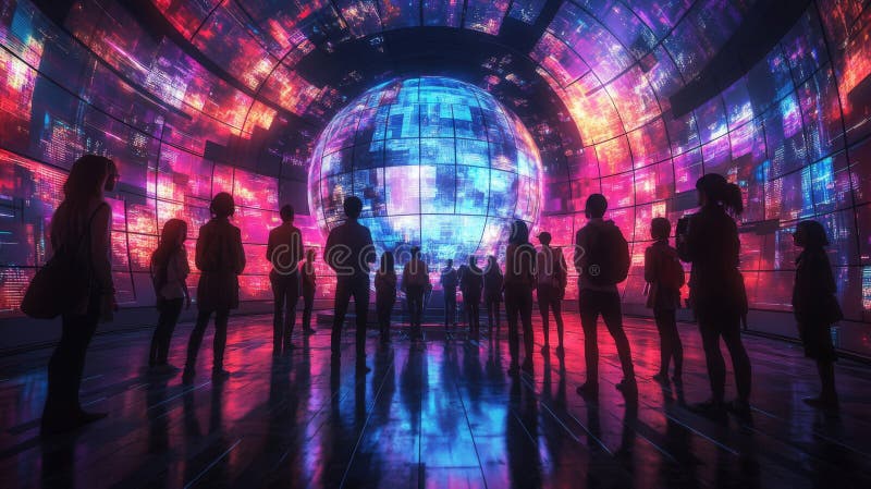 Silhouetted Crowd Observing a Glowing Digital Globe in a Futuristic ...