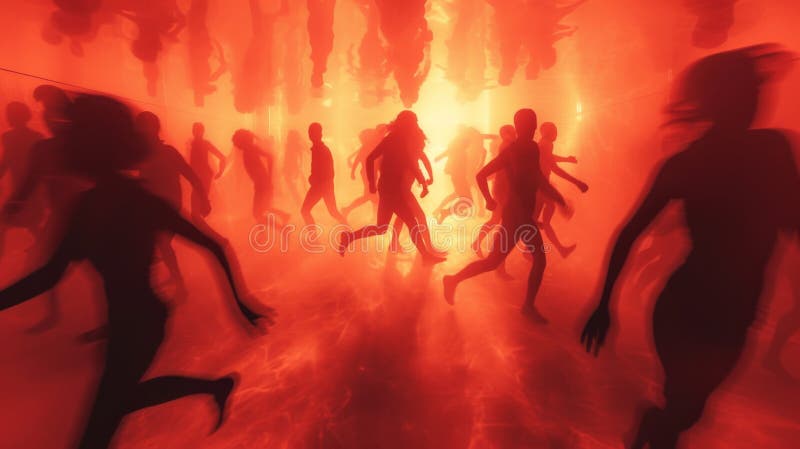Silhouetted Crowd Running in Surreal Fiery Environment Stock Photo ...