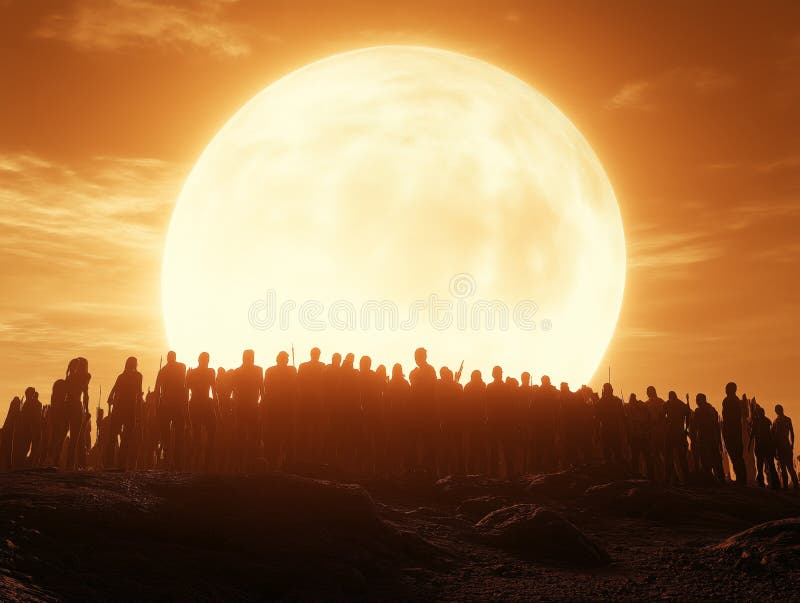 Silhouetted Crowd Under a Massive Setting Sun Stock Photo - Image of ...