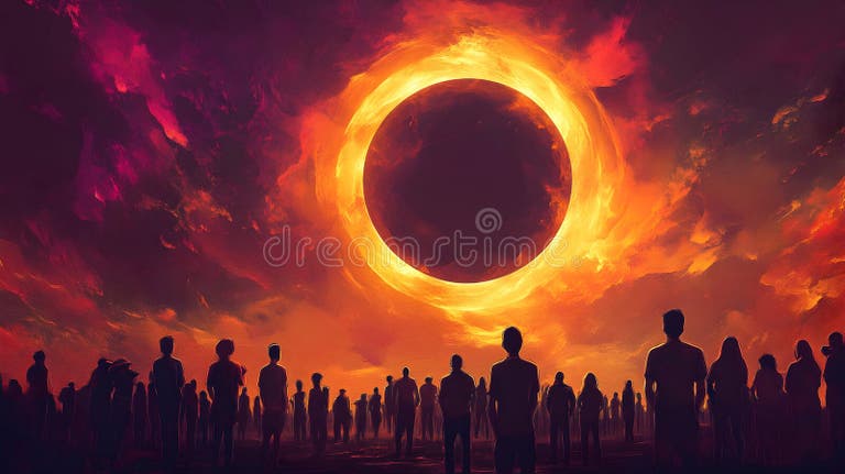 Silhouetted Crowd Watching Fiery Solar Eclipse Sky Stock Image - Image ...