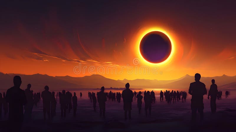 Silhouetted Crowd Watching Solar Eclipse at Sunset Over Mountains Stock Image - Image of planet ...
