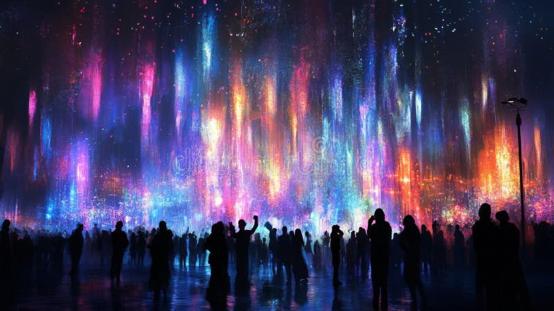 Silhouetted Crowd Watching Vibrant Fireworks Display at Night Stock ...