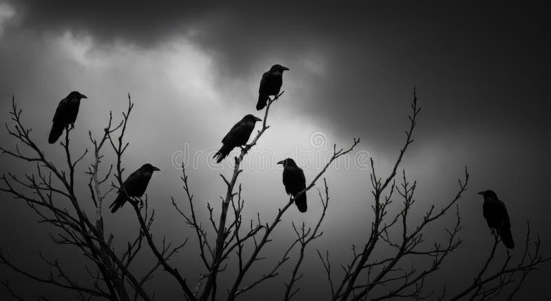 Silhouetted Crows on a Bare Tree Branch Against a Dark Cloudy Sky Stock ...