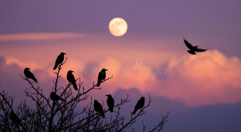 Silhouetted Crows on Branch at Sunset with Full Moon Stock Illustration ...