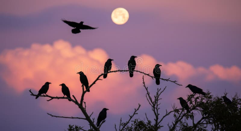 Silhouetted Crows on Branch at Sunset with Full Moon Stock Illustration ...