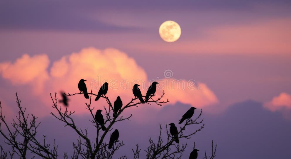 Silhouetted Crows on a Branch at Sunset with a Full Moon Stock ...