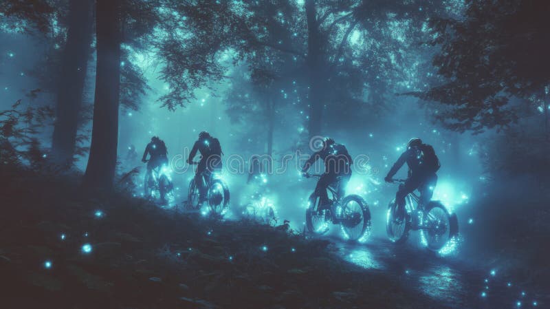 Silhouetted Cyclists Riding Glowing Bikes through a Dark Blue Enchanted ...