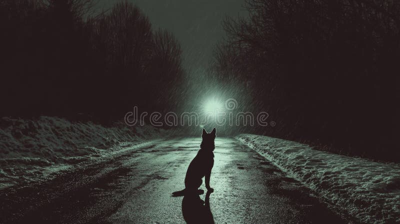 Silhouetted Dog on Dark Night Road Stock Illustration - Illustration of ...