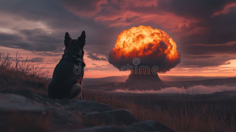 Silhouetted Dog and Glowing Explosion Under Fiery Sky Stock Photo ...
