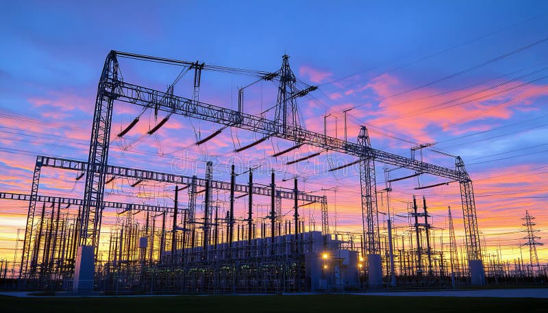 Silhouetted Electrical Substation at Twilight Power Infrastructure and ...