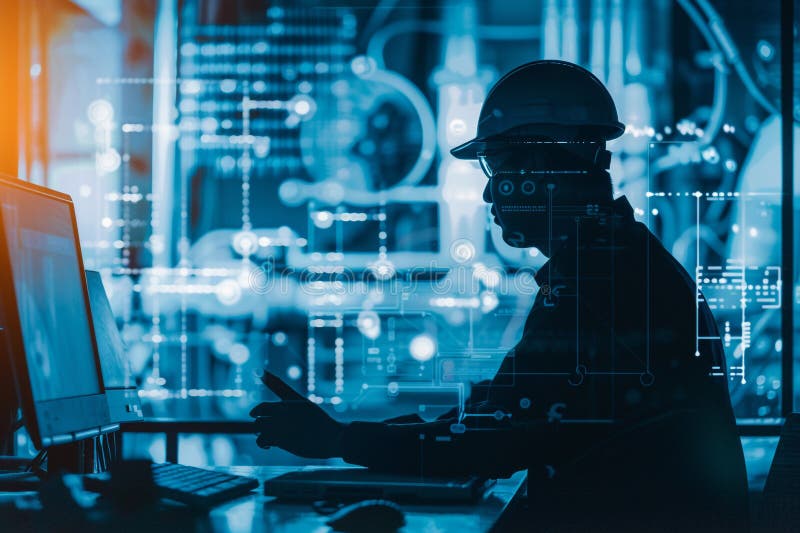 Silhouetted Engineer Working on Computer Stock Illustration ...