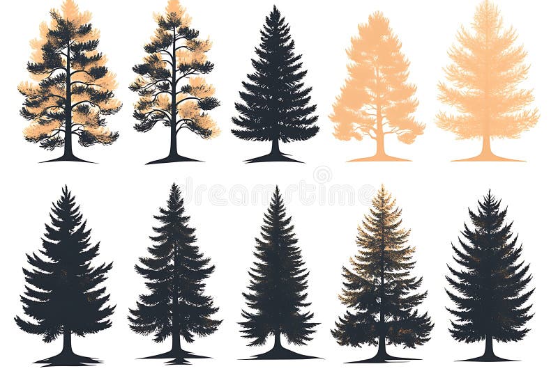 Silhouetted Evergreen Trees Collection, Ten Pine Tree Illustrations ...