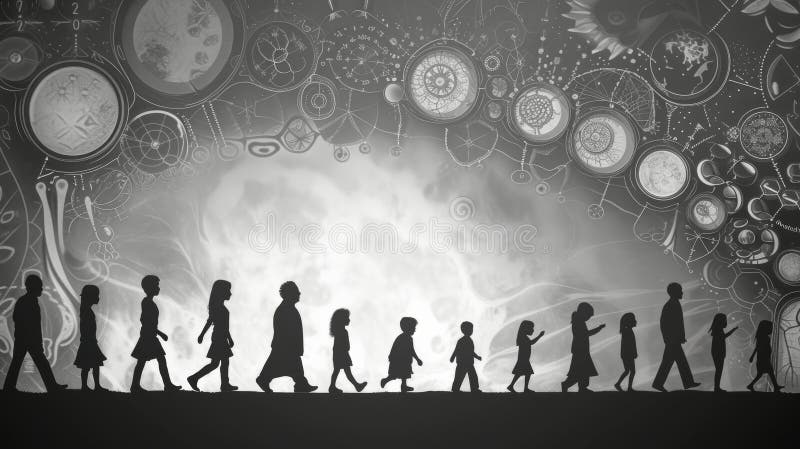 Silhouetted Evolution Figures Under Abstract Clockwork Sky Stock Photo ...