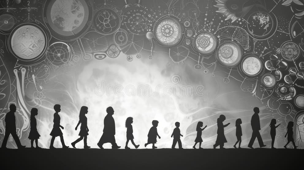 Silhouetted Evolution Figures Under Abstract Clockwork Sky Stock Photo ...