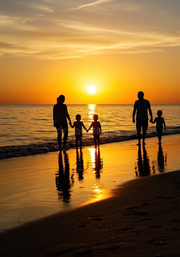 Silhouetted Family Stands on Beach at Sunset with Reflections in the ...