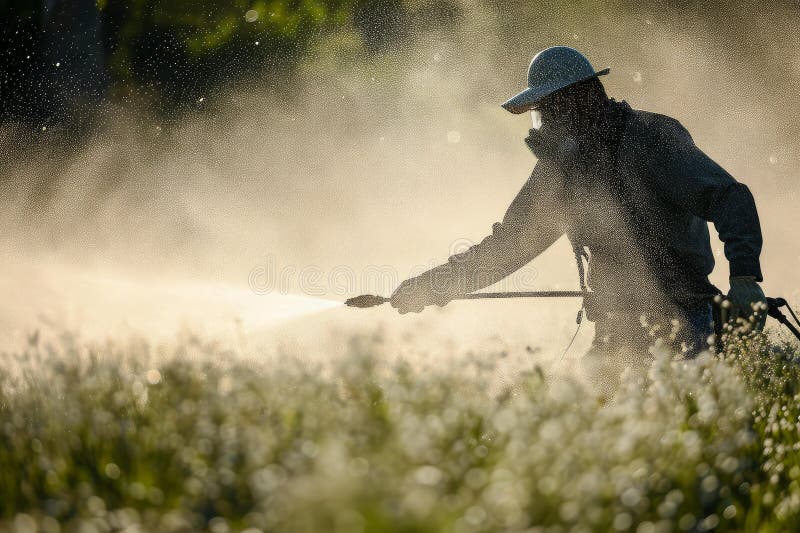 Farmer Spraying Crops at Sunrise Stock Illustration - Illustration of ...