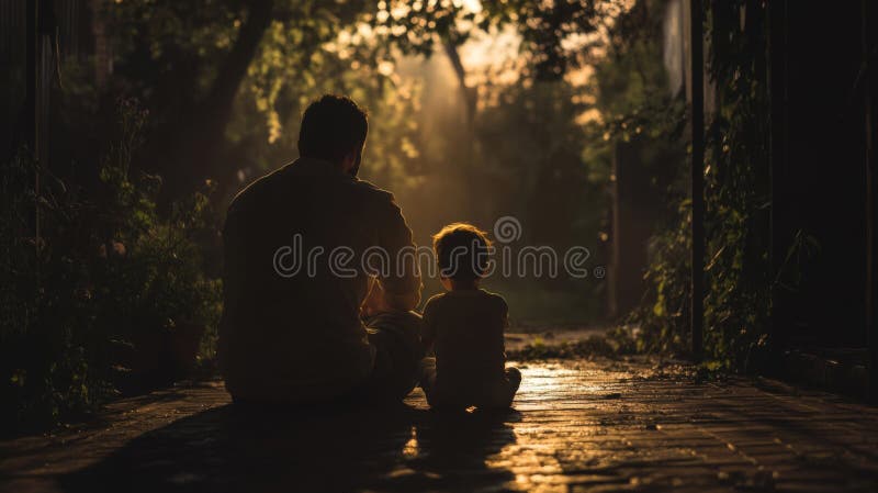 Silhouetted Father and Son Sitting Together in a Sunlit Forest Path ...